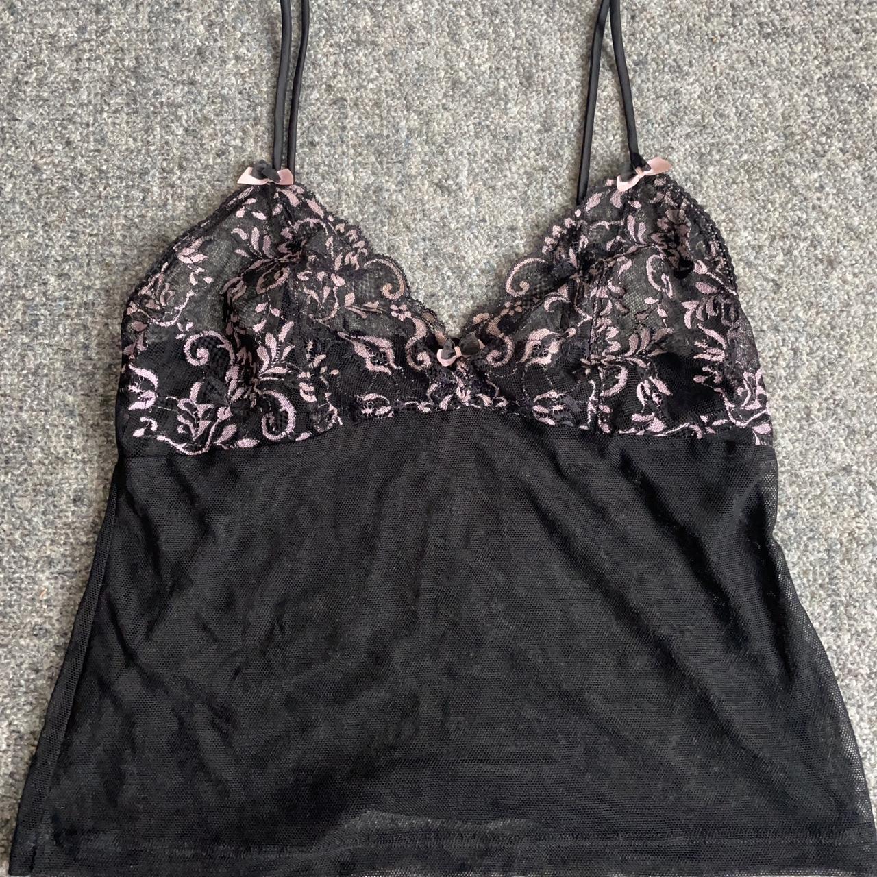 y2k black and pink mesh sheer cami top shown on a... - Depop