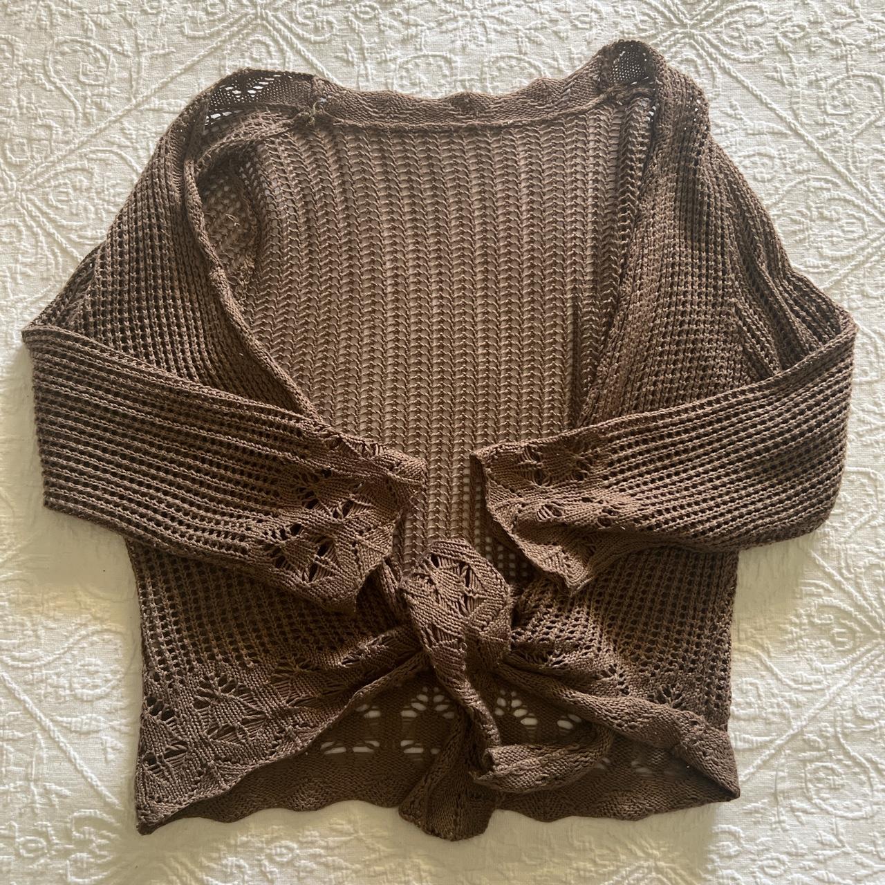 vintage brown crochet cardigan 3/4 sleeves fits... - Depop