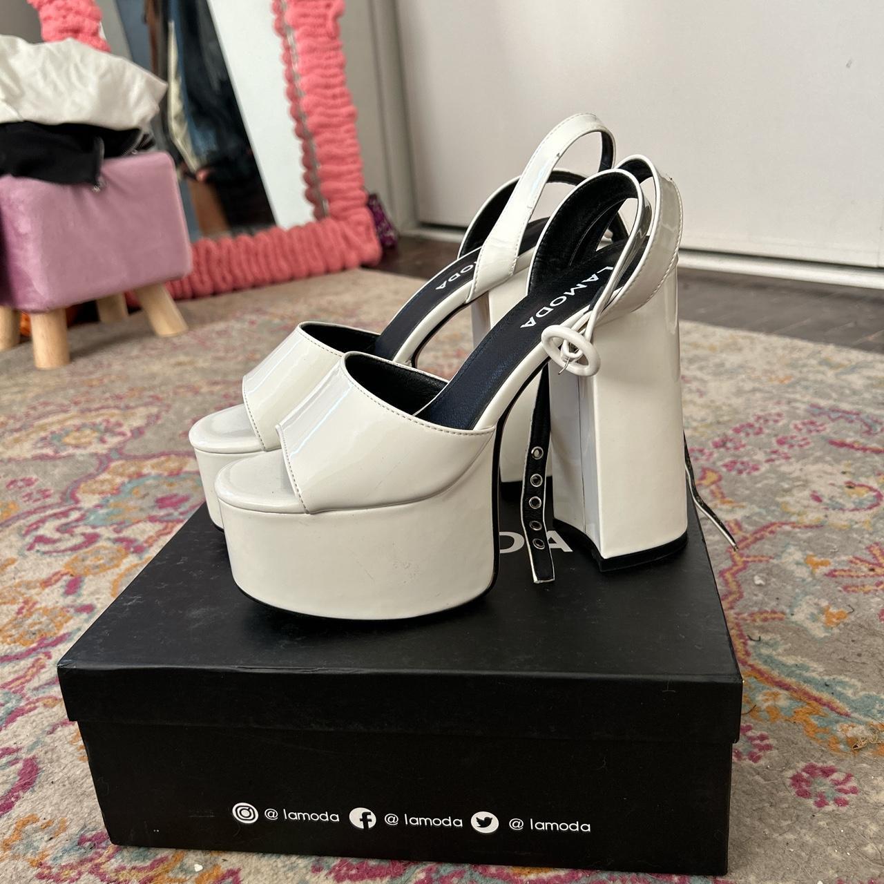 lamoda all for you platform sandals white patent... - Depop