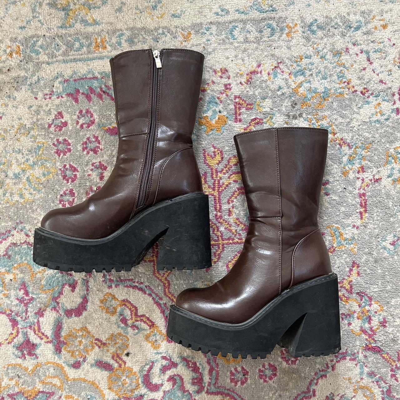 mid calf chunky brown platform boots very retro and... - Depop
