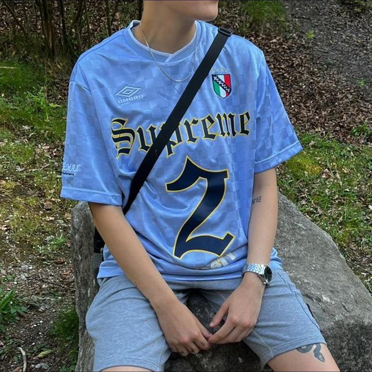 supreme umbro jersey light blue worn once perfect... - Depop