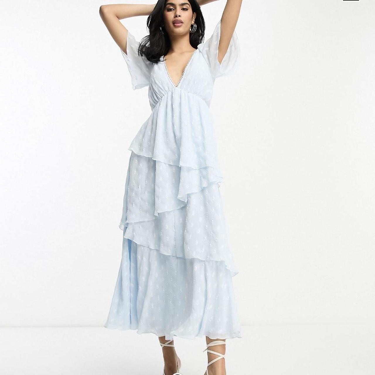 Asos design ruffle midi dress in baby blue with tie... - Depop