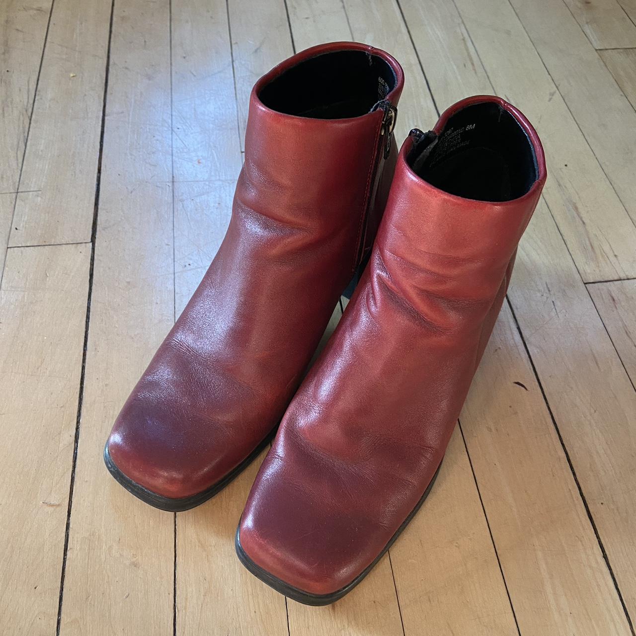 Red leather ankle boots with slight block heel from... - Depop