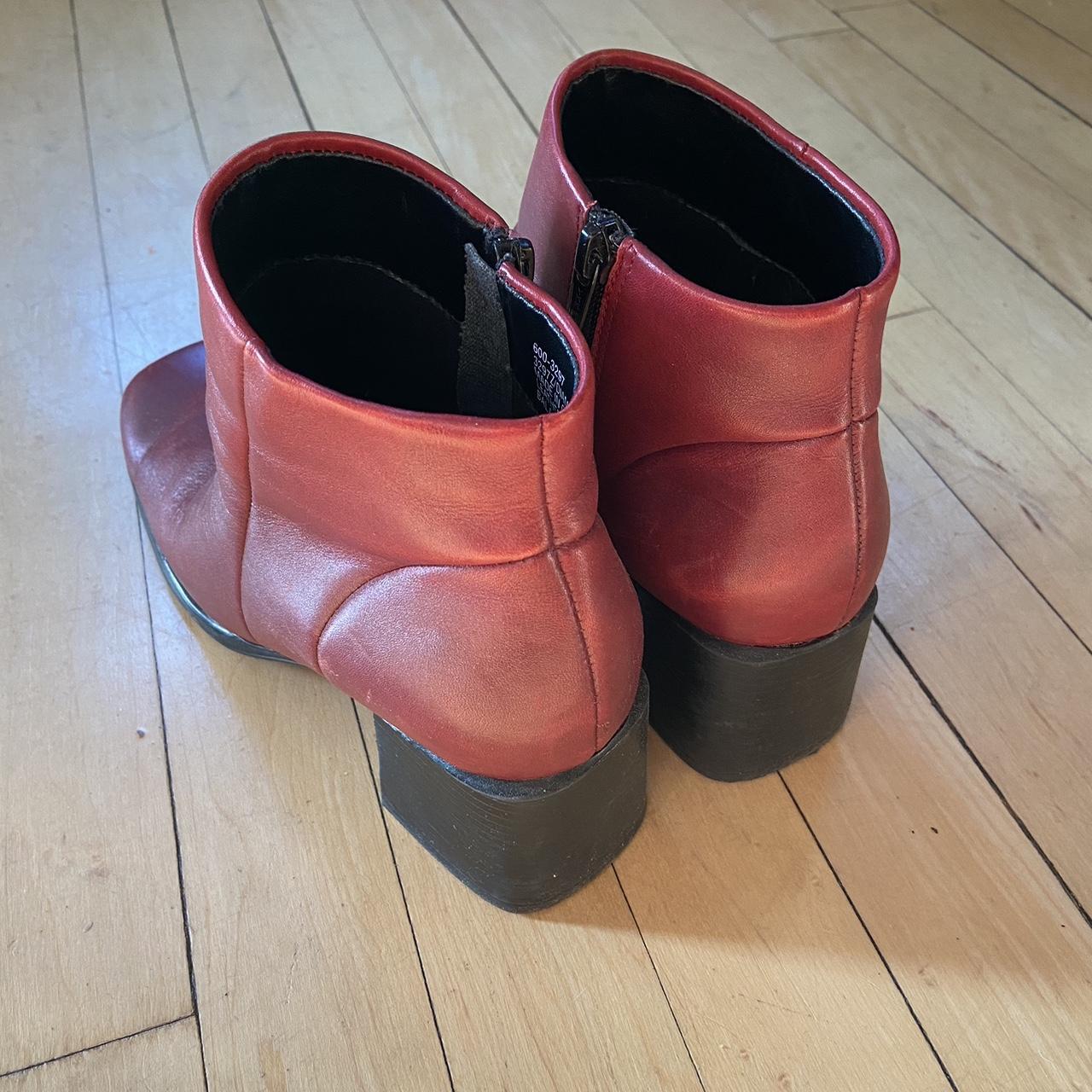 Red leather ankle boots with slight block heel from... - Depop