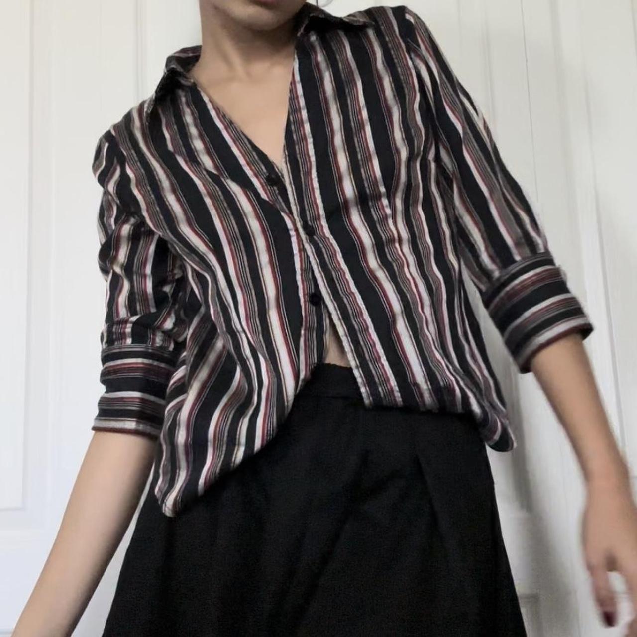 Vintage Y2K Striped Button Down Blouse with Quarter... - Depop