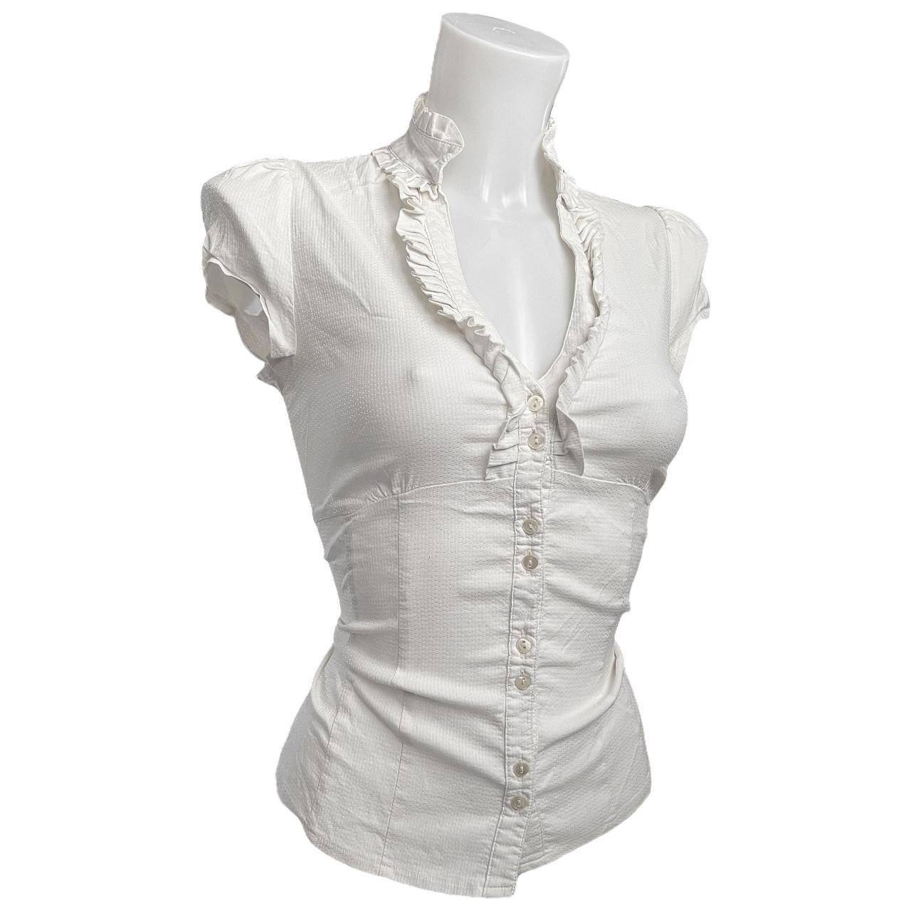 shimmery button down office siren blouse with frills... - Depop