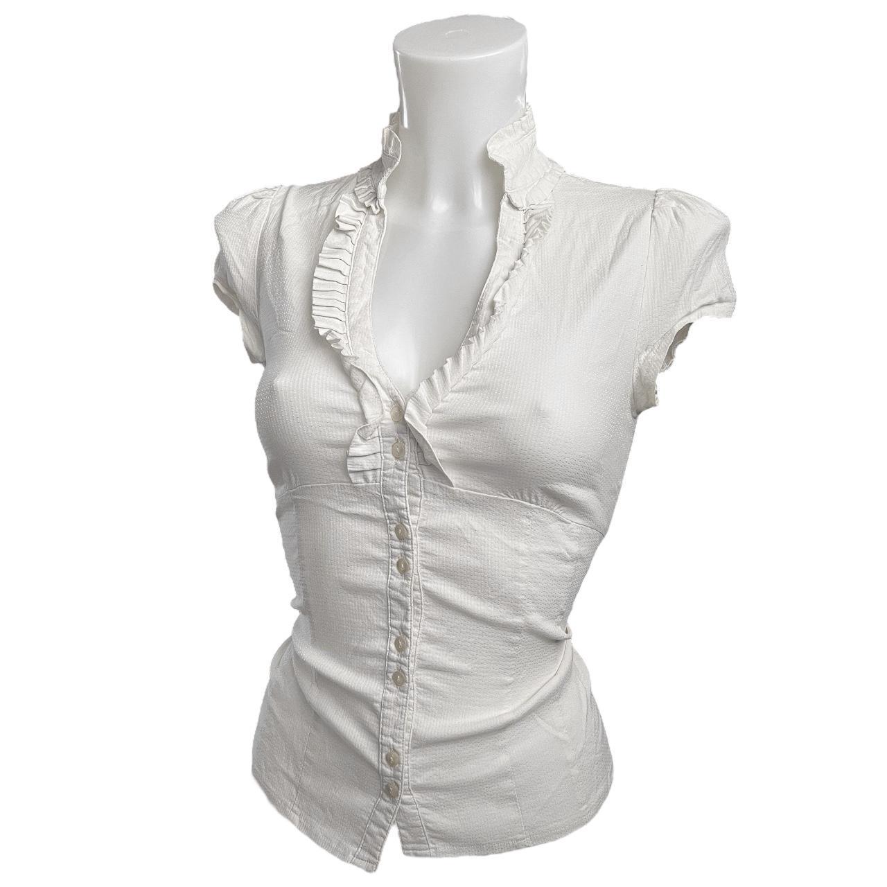 shimmery button down office siren blouse with frills... - Depop