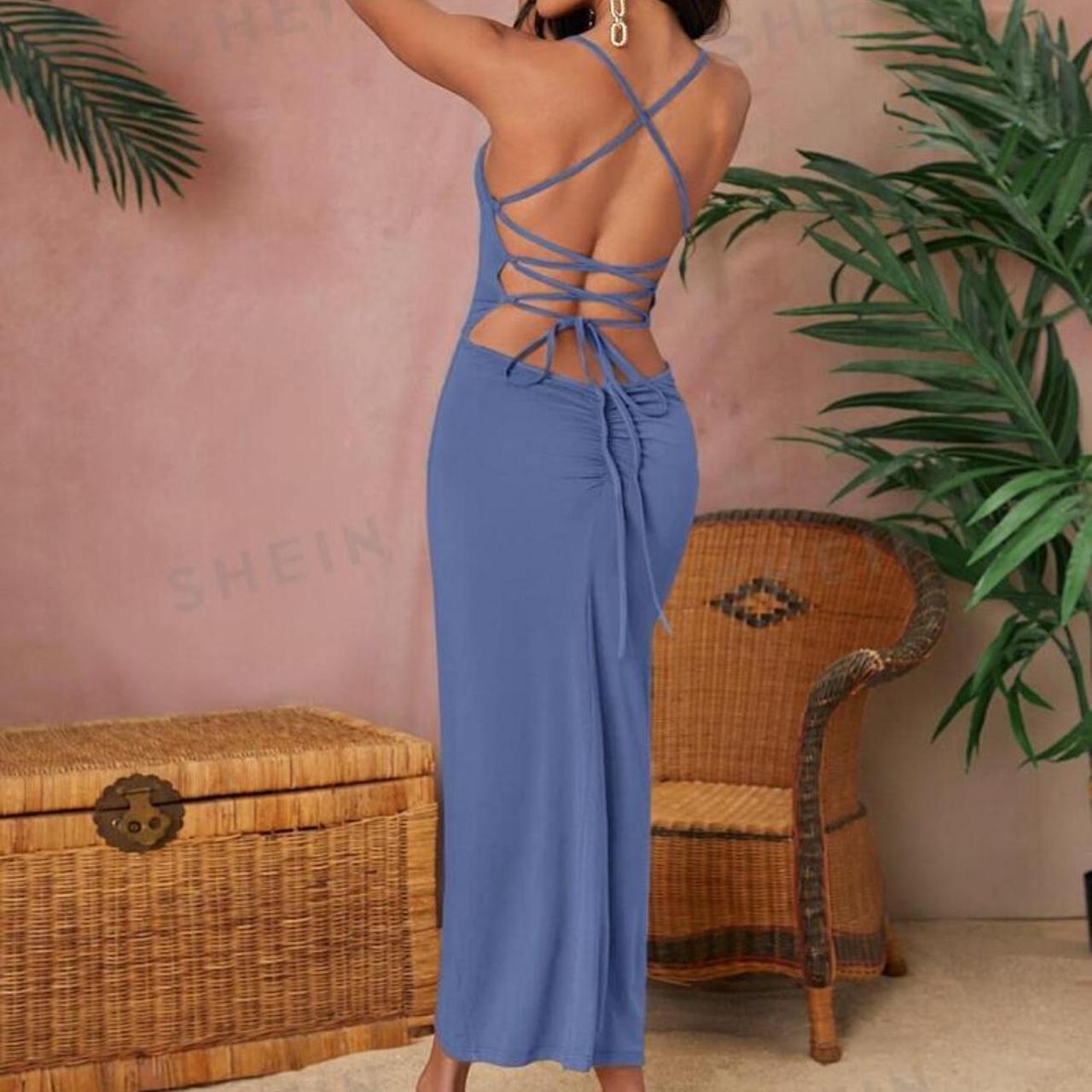 Lace up backless split thigh cami dress w/ ruching - Depop