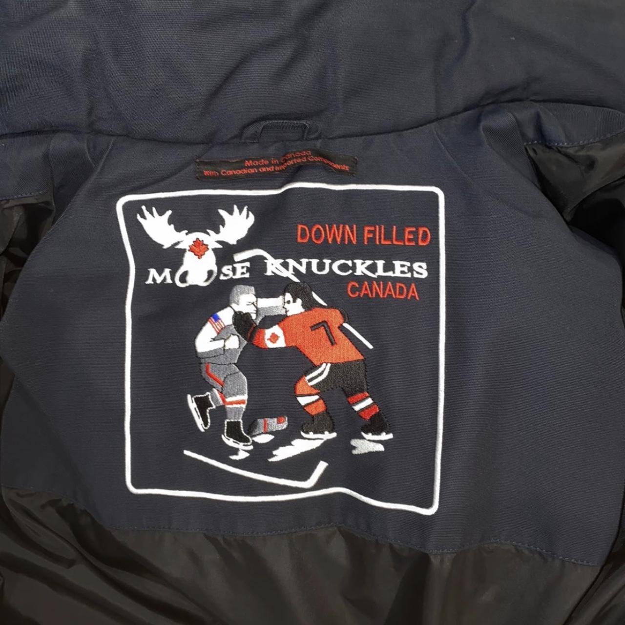 Navy moose knuckles coat, good condition, zip broken - Depop