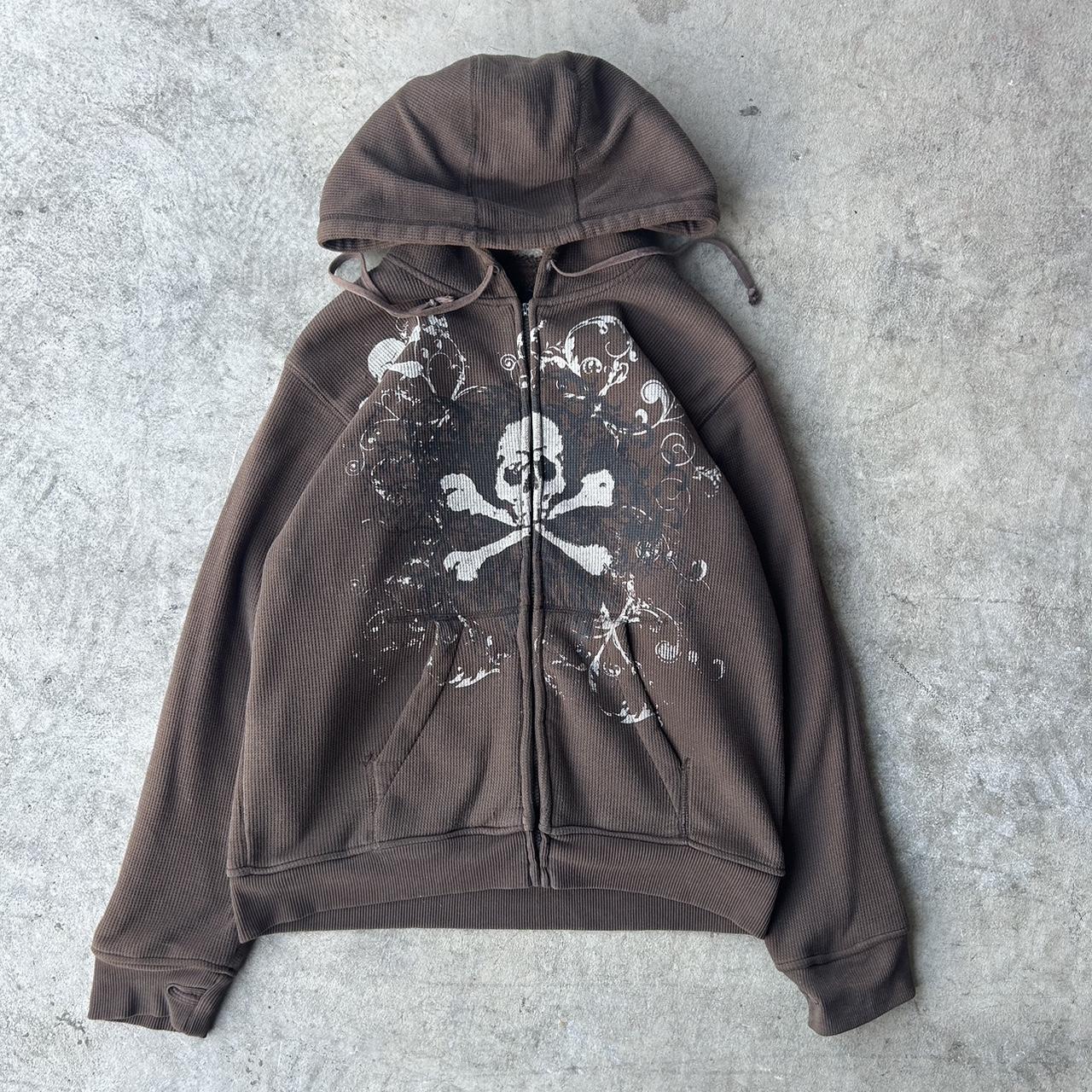 Vintage y2K Machine Skull Brown Zip Up Size Large... - Depop