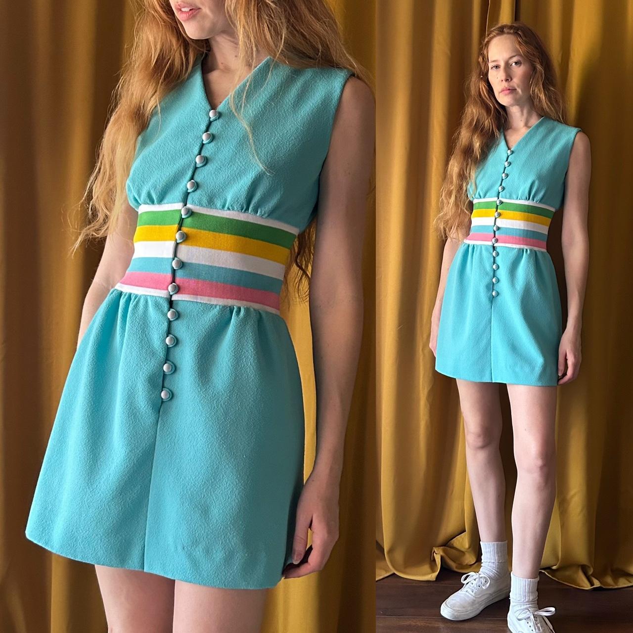 60s mod rainbow striped mini dress with round... | Depop