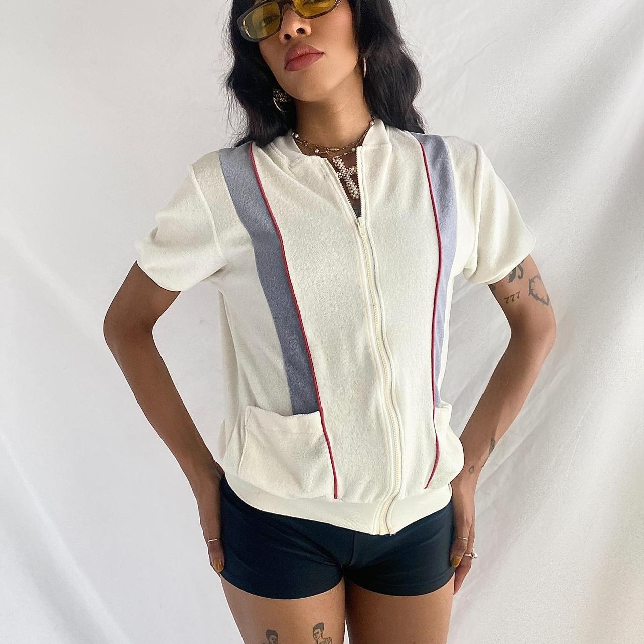 Vintage 80s Contrast Terry Cloth Zip Up Top - off... - Depop