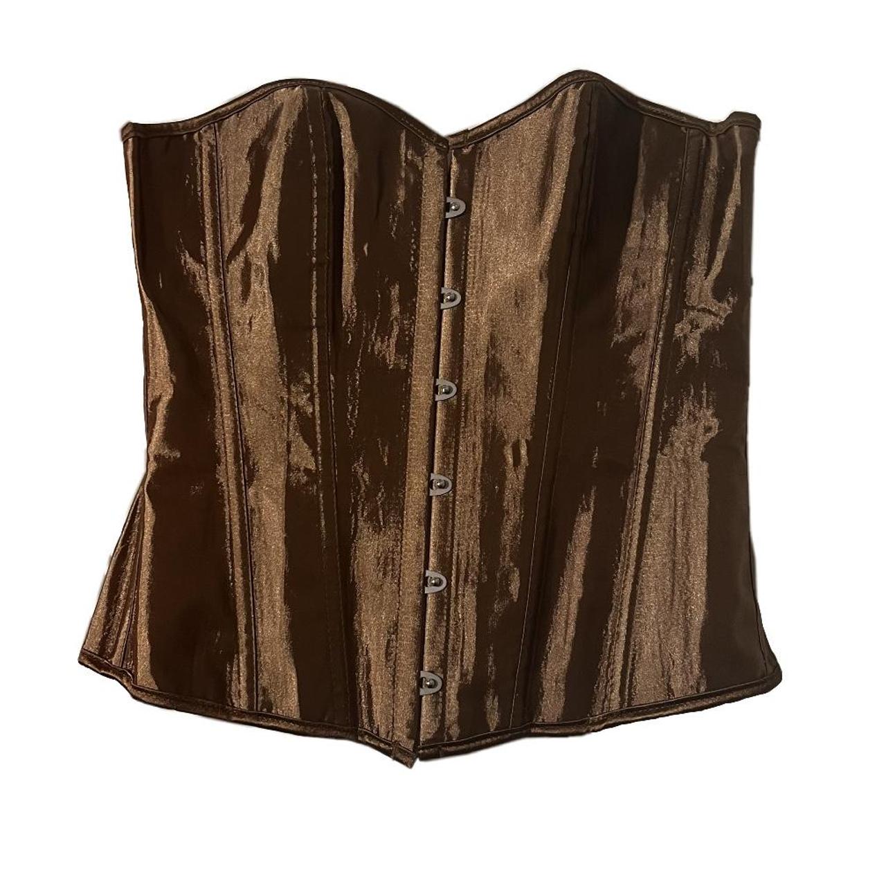 brown corset top - satin, strapless - super figure... - Depop