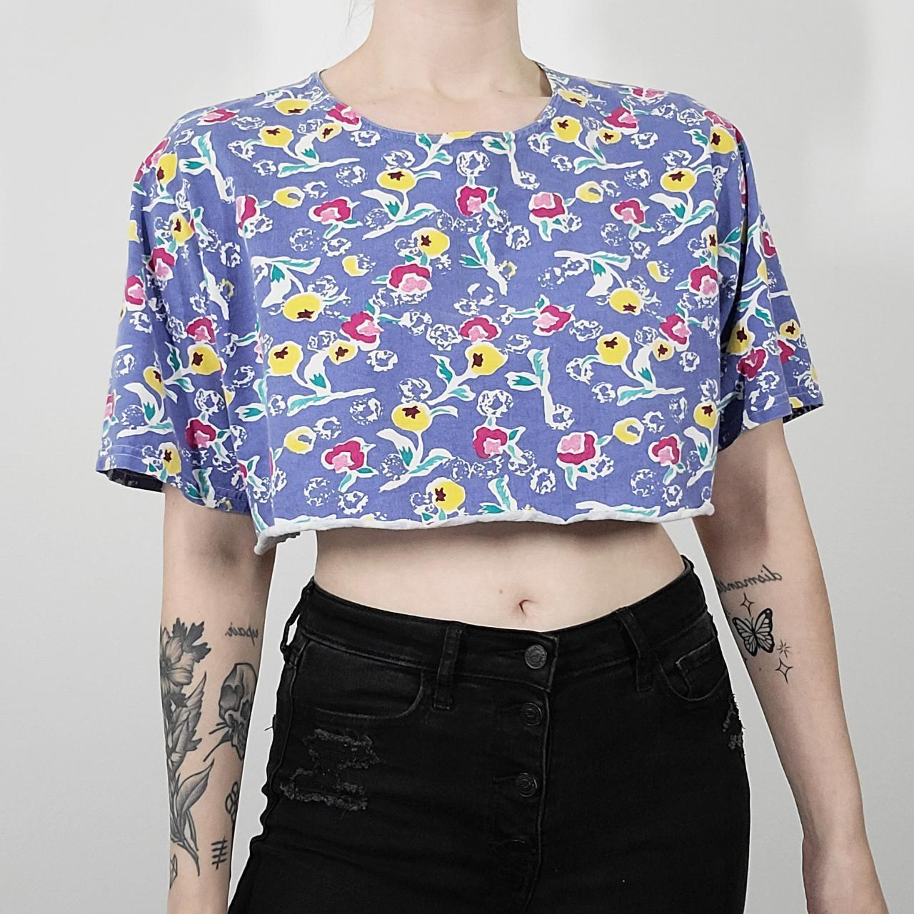 Y2K Floral Super Crop Top No marked brand Blue with... - Depop