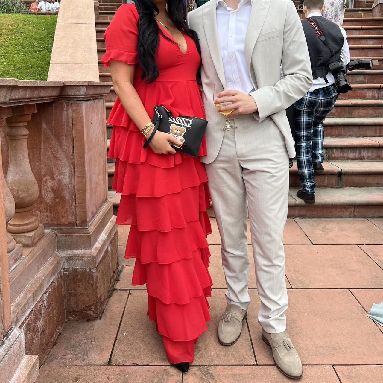 Red Chiffon Ruffle Layer Maxi Dress Size: 14 (true... - Depop