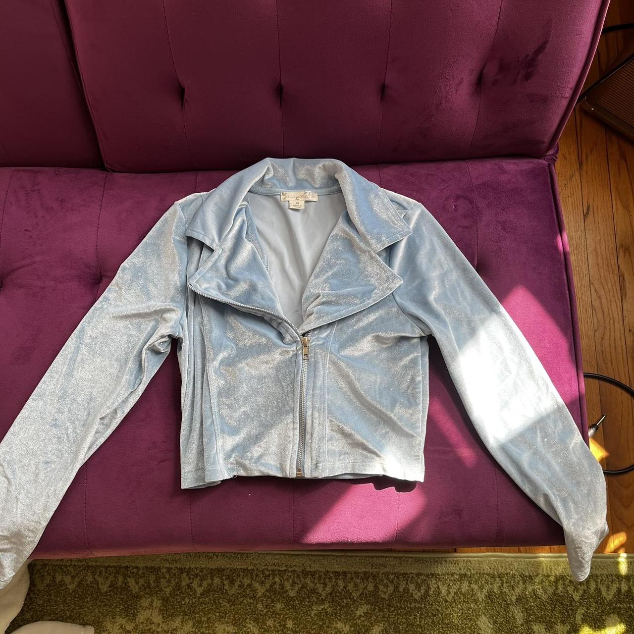 Cropped baby blue sparkly jacket w collar Knitworks... - Depop
