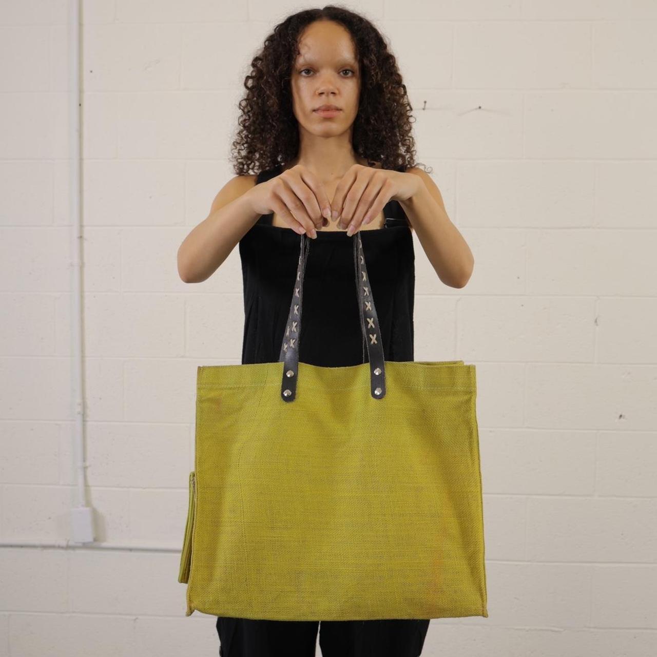 90s woven oversized chartreuse tote black leather... - Depop