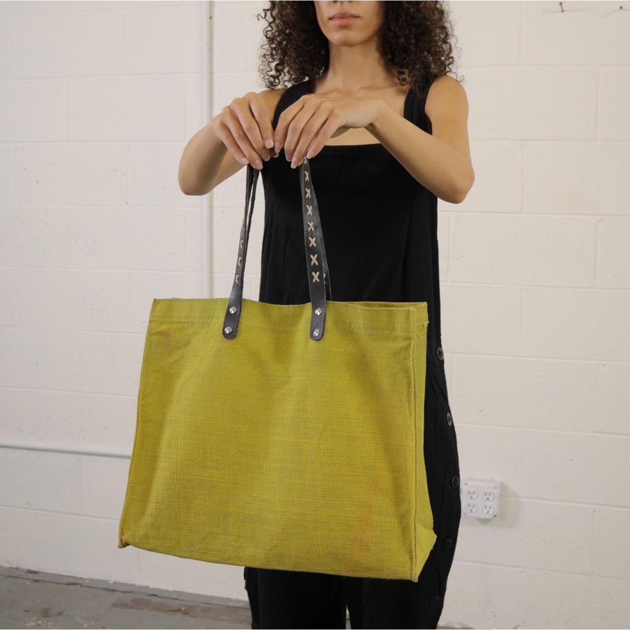 90s woven oversized chartreuse tote black leather... - Depop