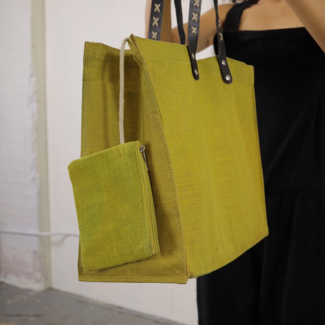 90s woven oversized chartreuse tote black leather... - Depop