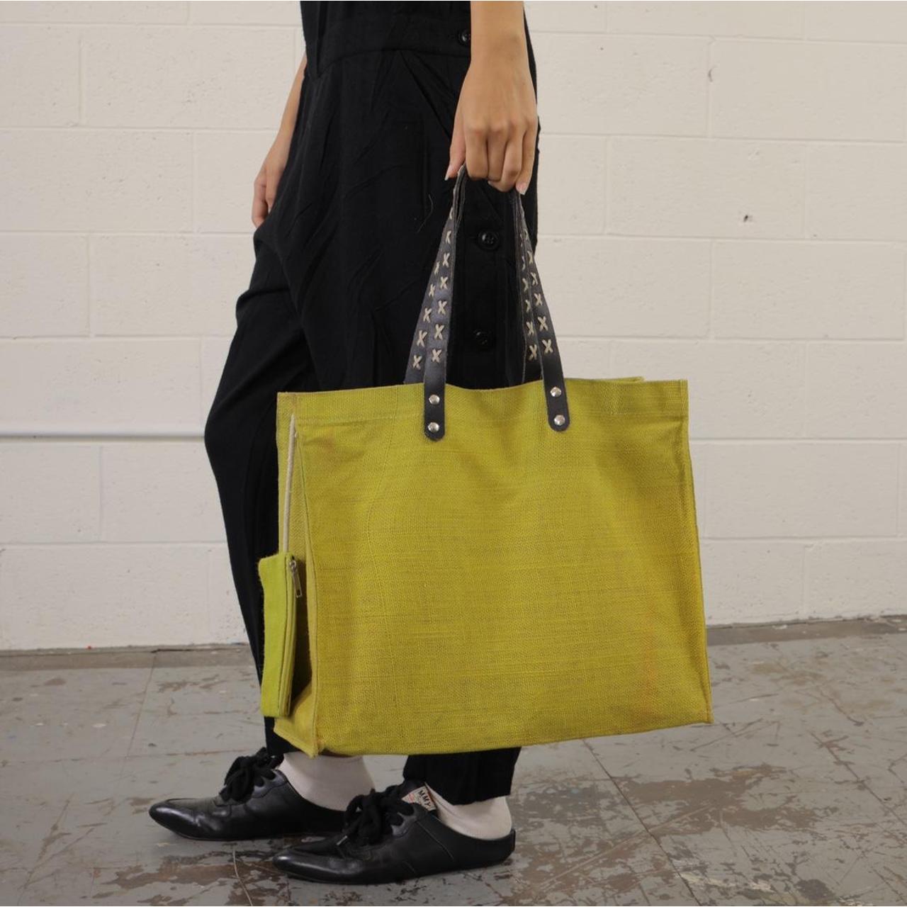 90s woven oversized chartreuse tote black leather... - Depop