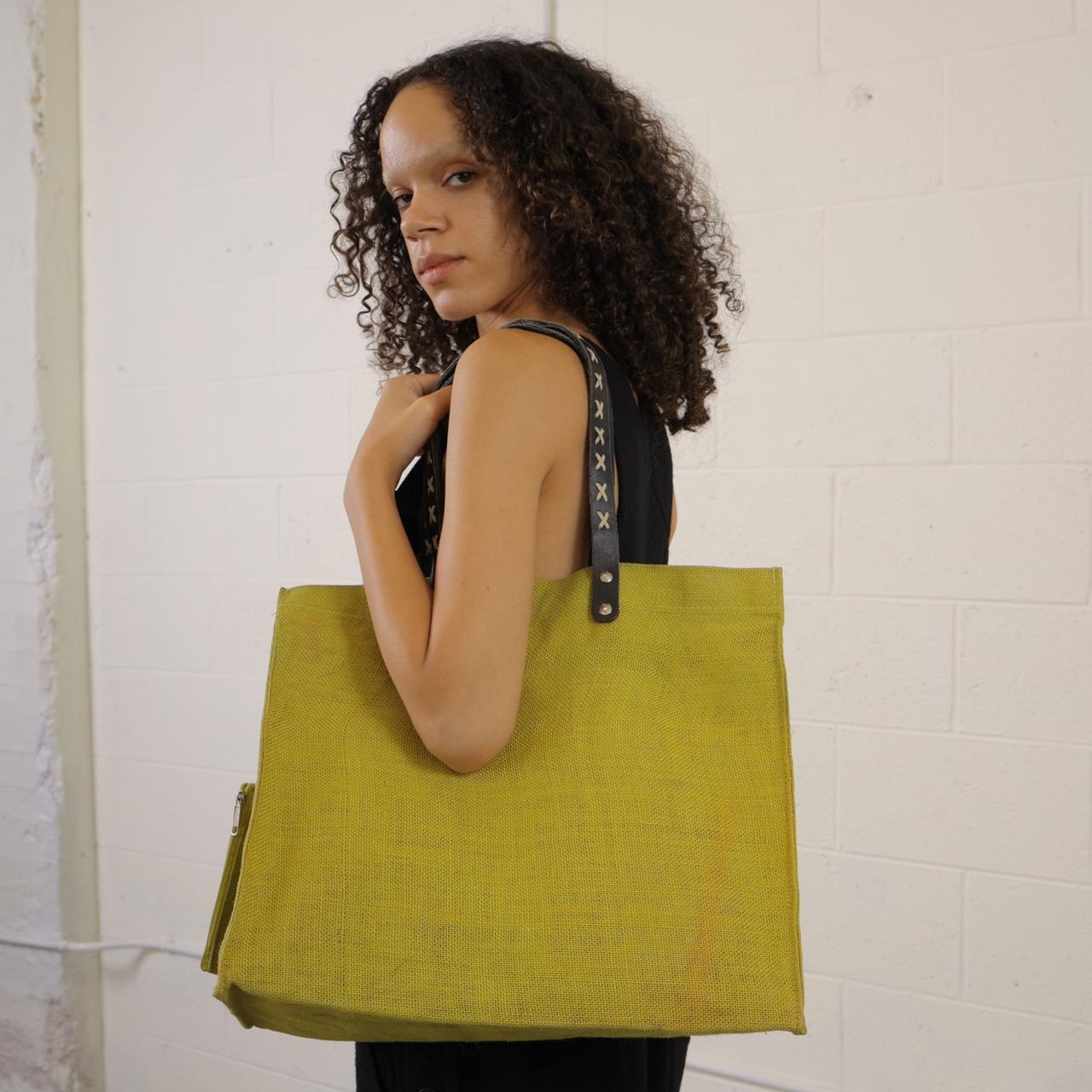 90s woven oversized chartreuse tote black leather... - Depop