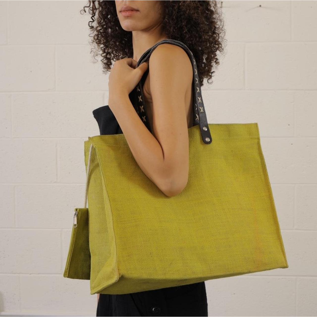 90s woven oversized chartreuse tote black leather... - Depop