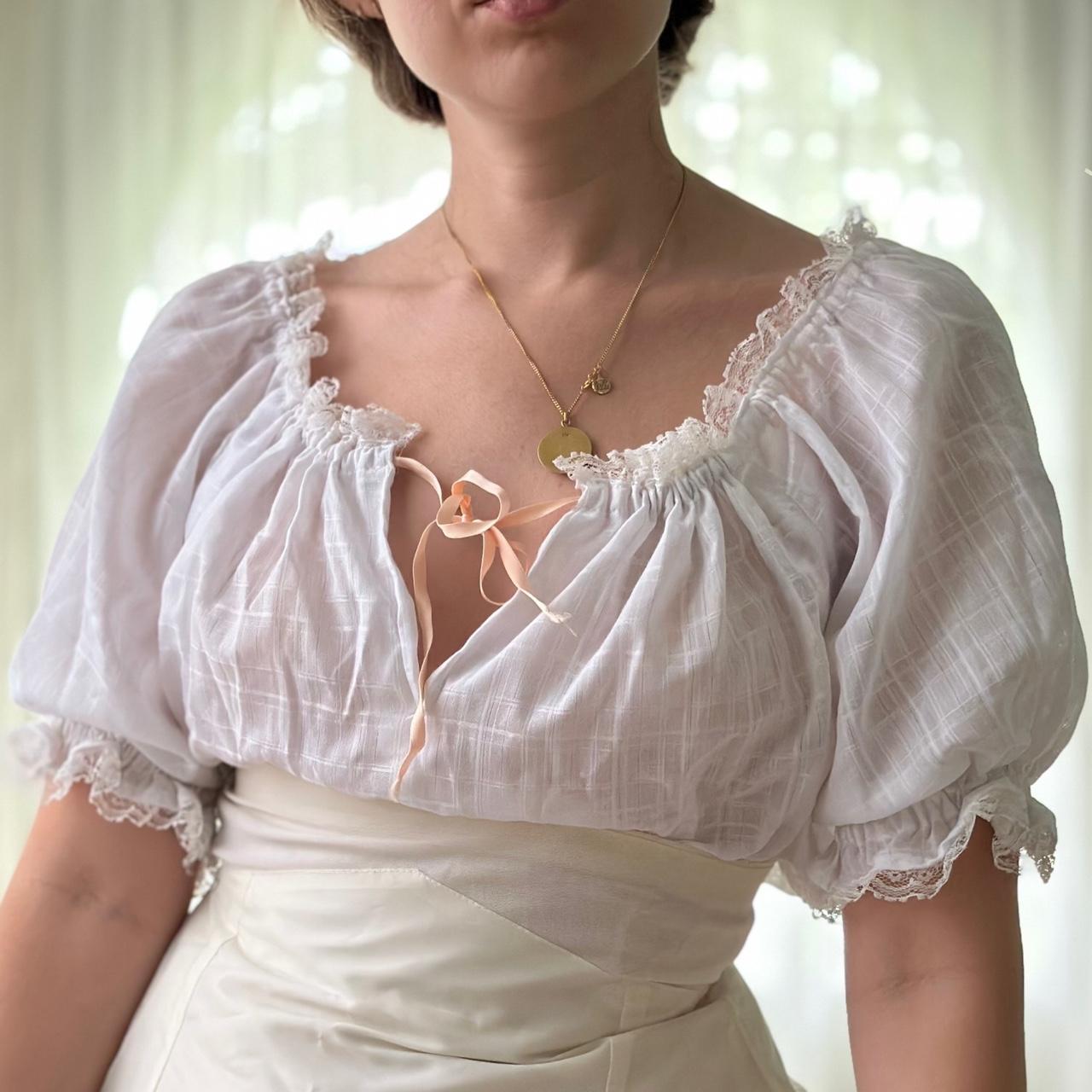 Vintage cottagecore adjustable white peasant blouse,... | Depop