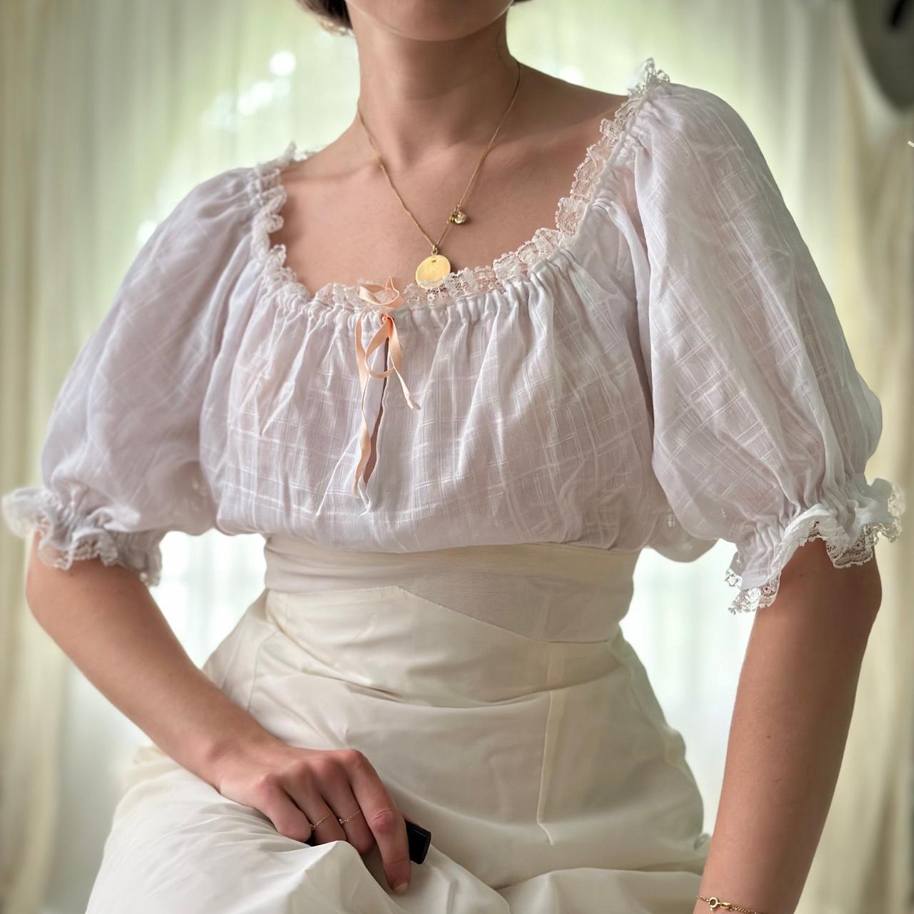 Vintage cottagecore adjustable white peasant blouse,... | Depop