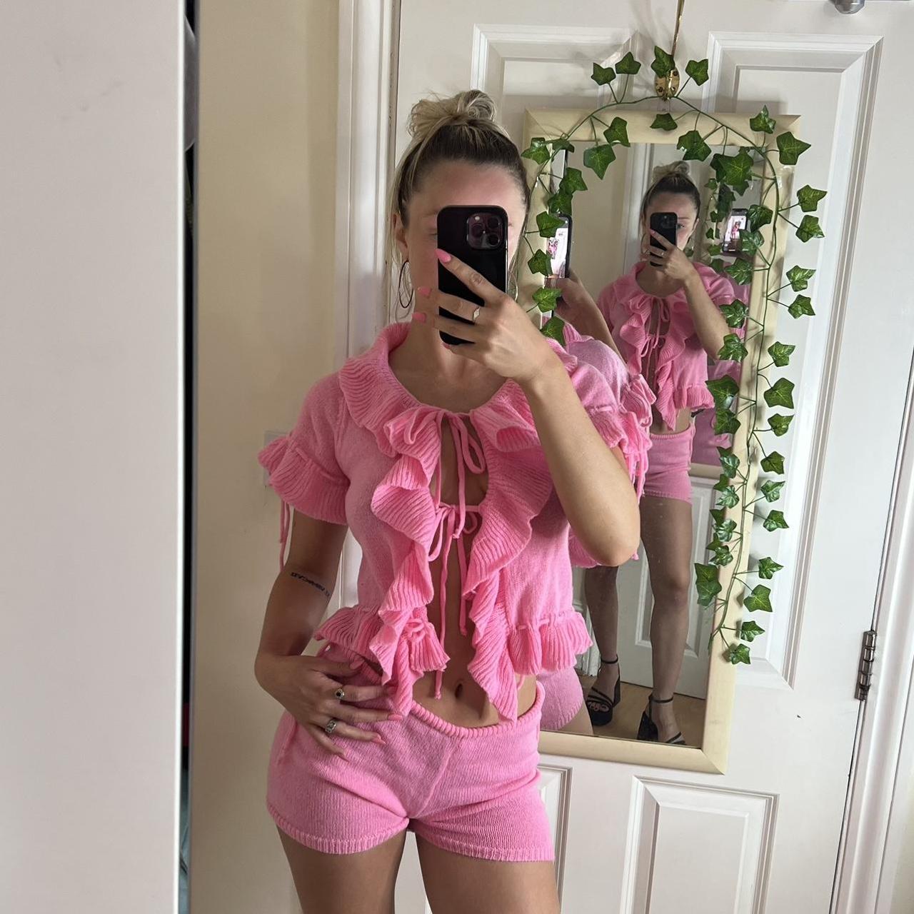 NEW Handmade Pink knitted frilly co ord - small... - Depop