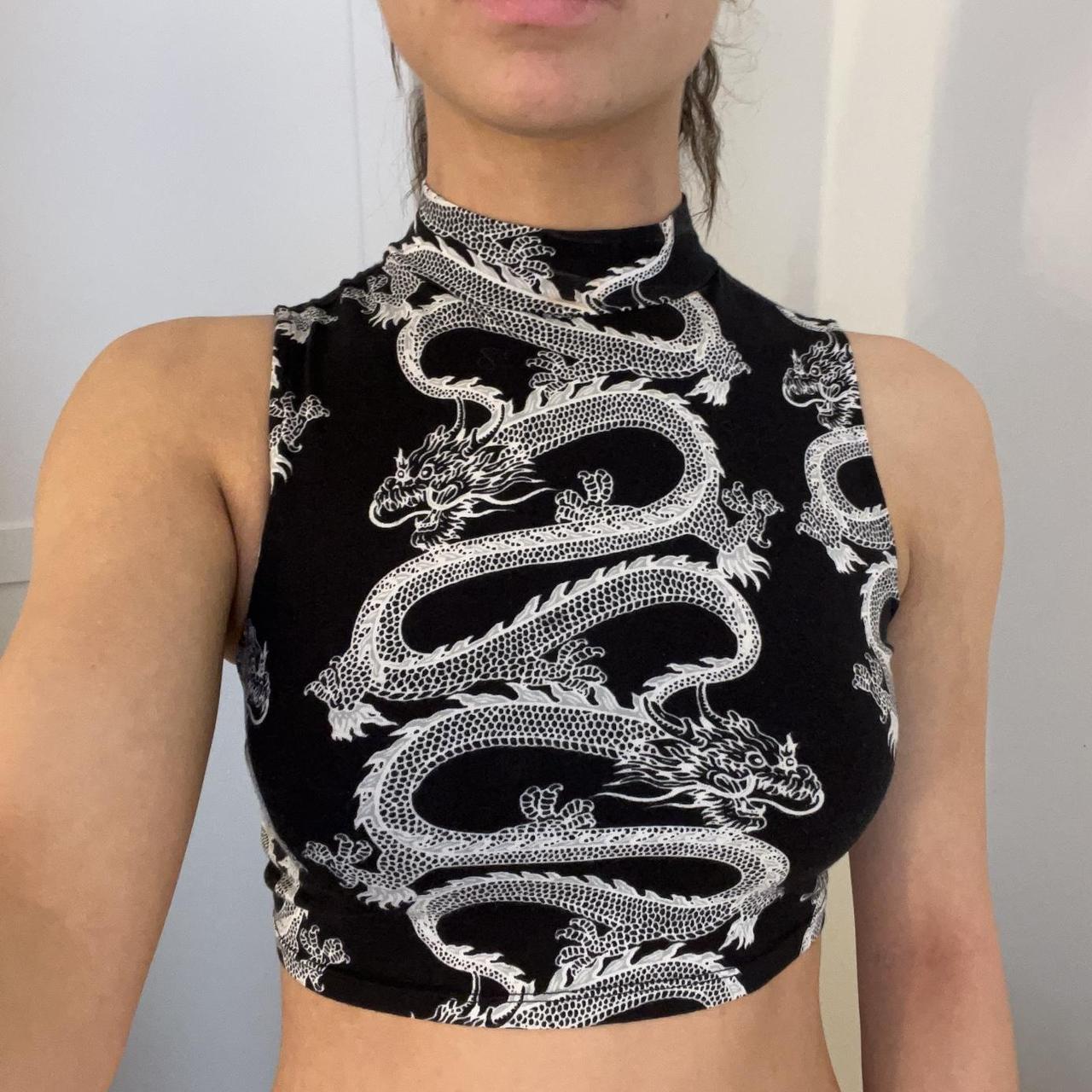 motel rocks backless white dragon print top in black... - Depop