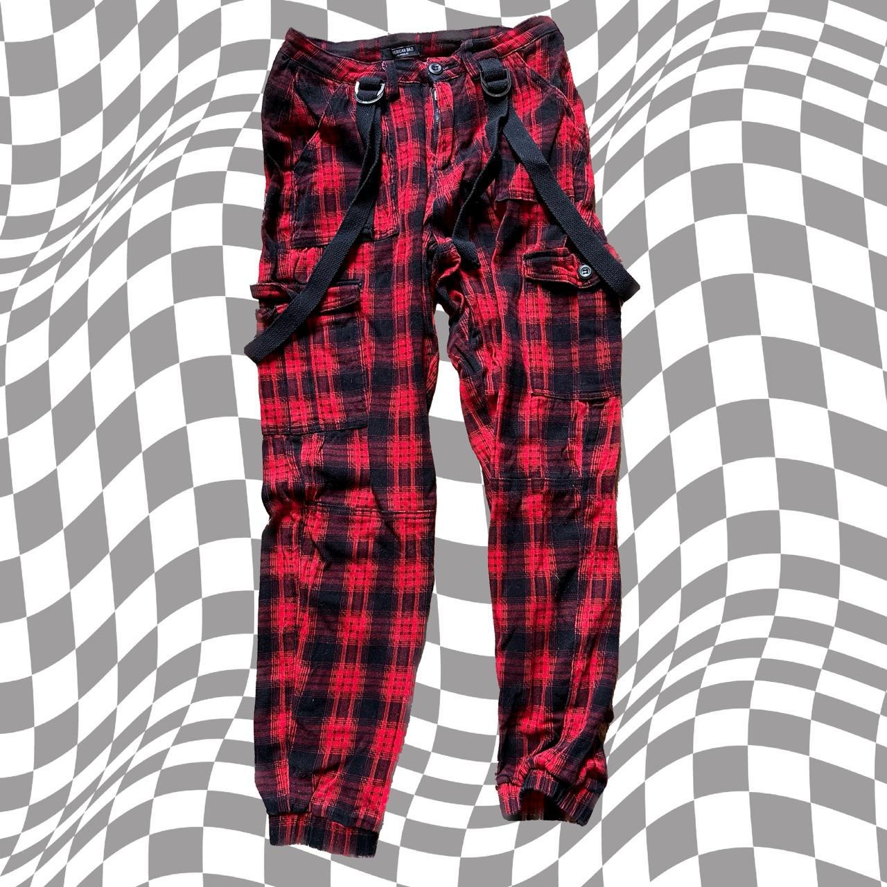 Red plaid flannel checker cargo pants/ sweats with... - Depop