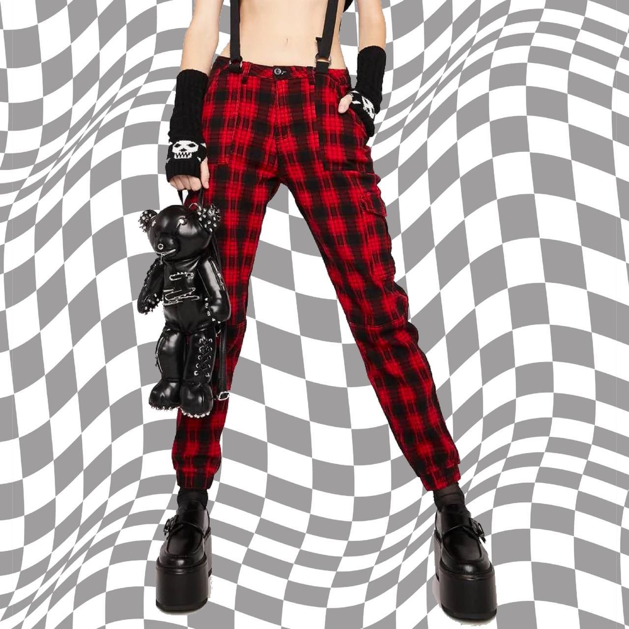 Red plaid flannel checker cargo pants/ sweats with... - Depop