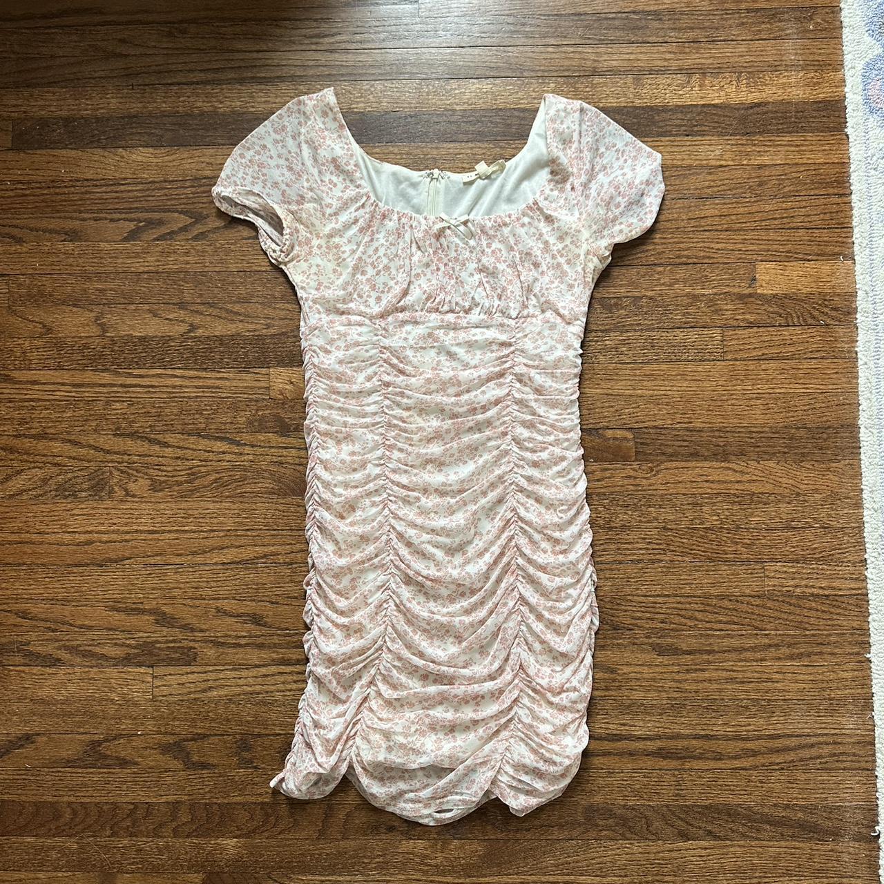 Pink floral mini dress with ruched details (minor... | Depop