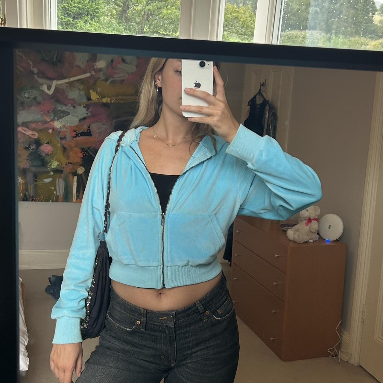 Subdued blue velour tracksuit zip up top. Good... - Depop