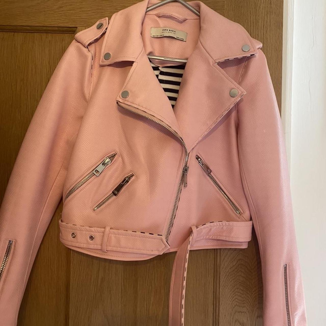 Zara pink leather jacket size small worn... - Depop