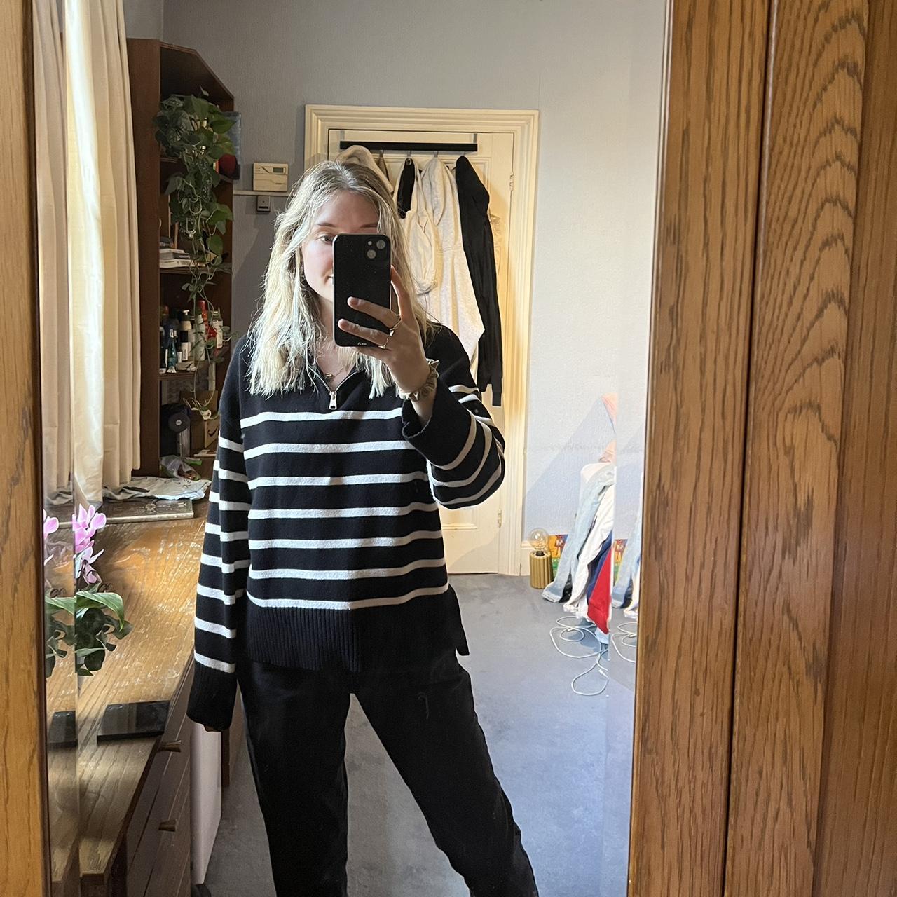 Zara black & white stripe half zip jumper Worn... - Depop