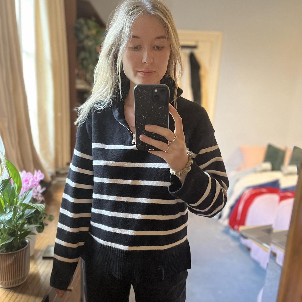 Zara black & white stripe half zip jumper Worn... - Depop