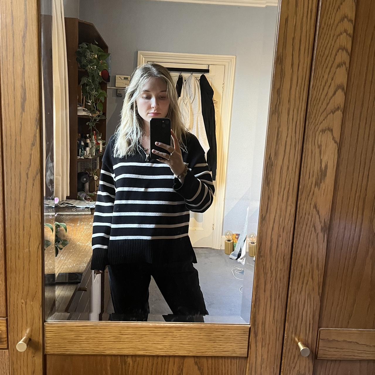 Zara black & white stripe half zip jumper Worn... - Depop