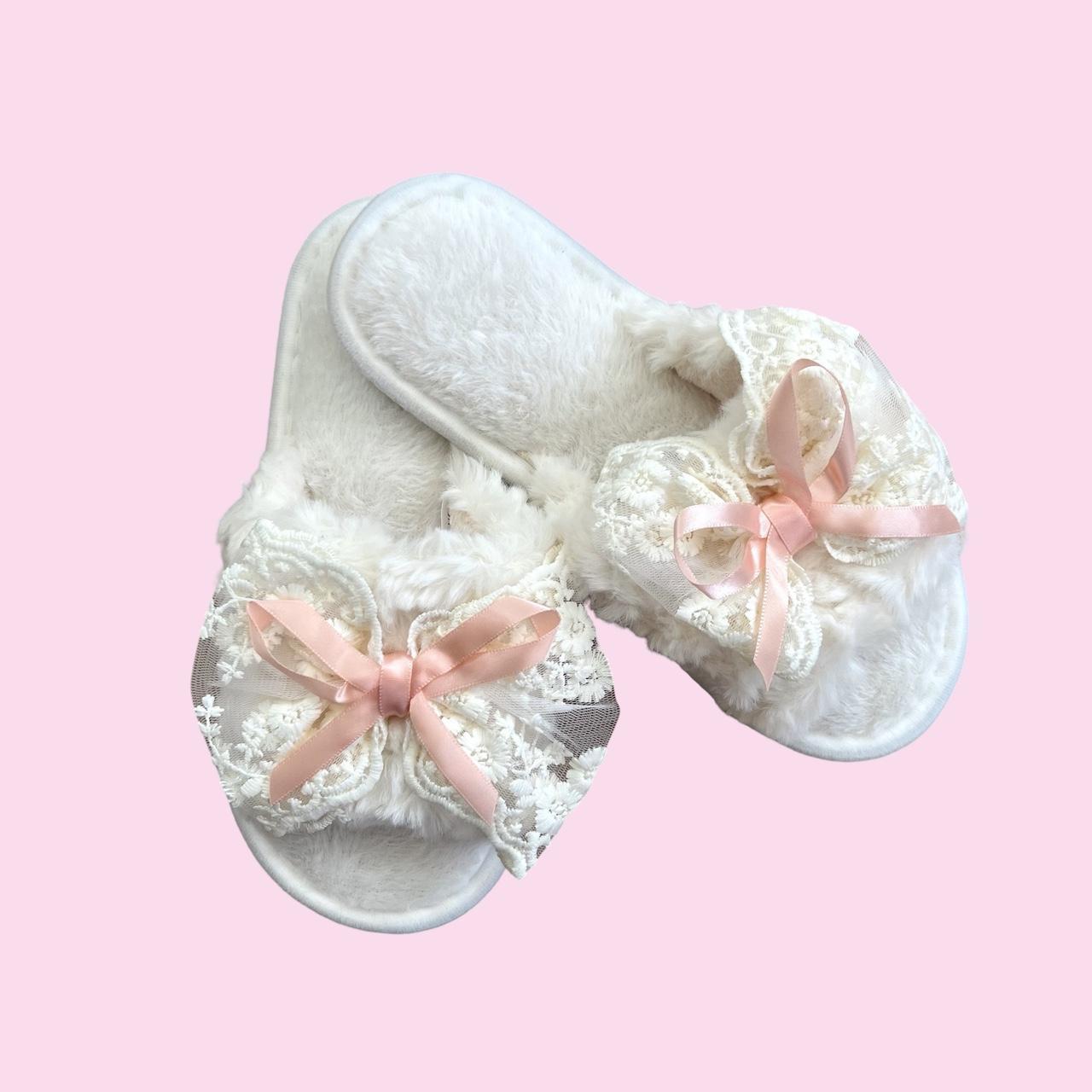kawaii coquette lace slippers white faux fur open... | Depop