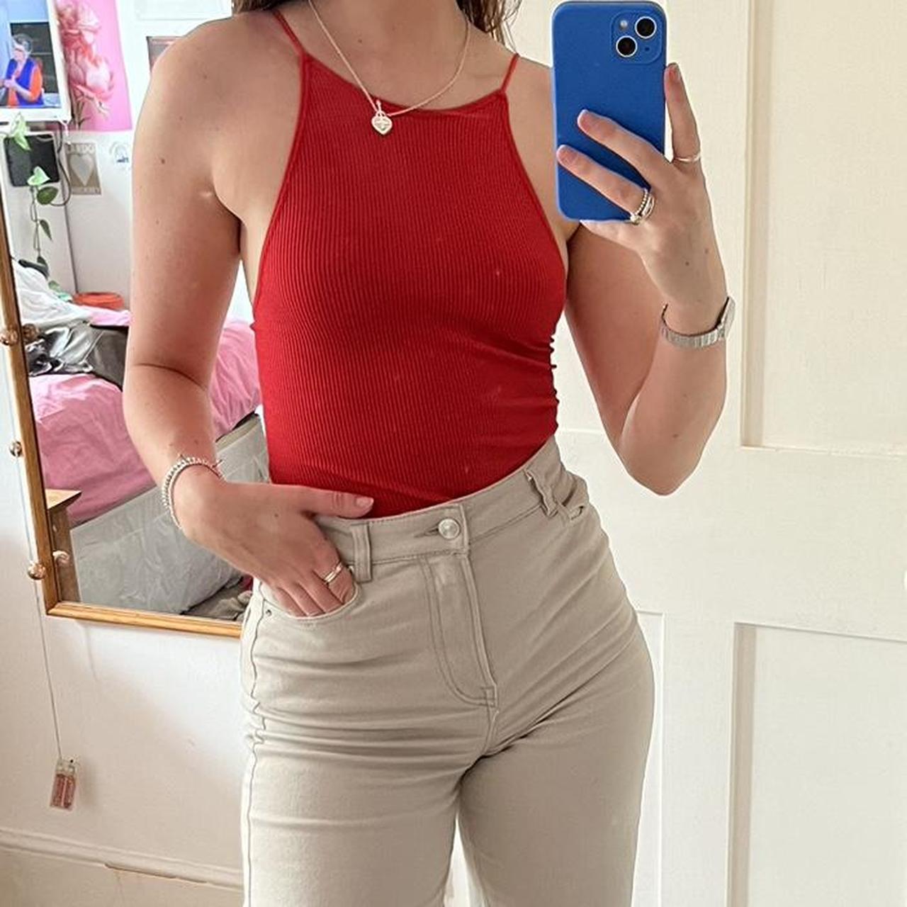 Flattering red ribbed bodysuit Thin straps with low... - Depop