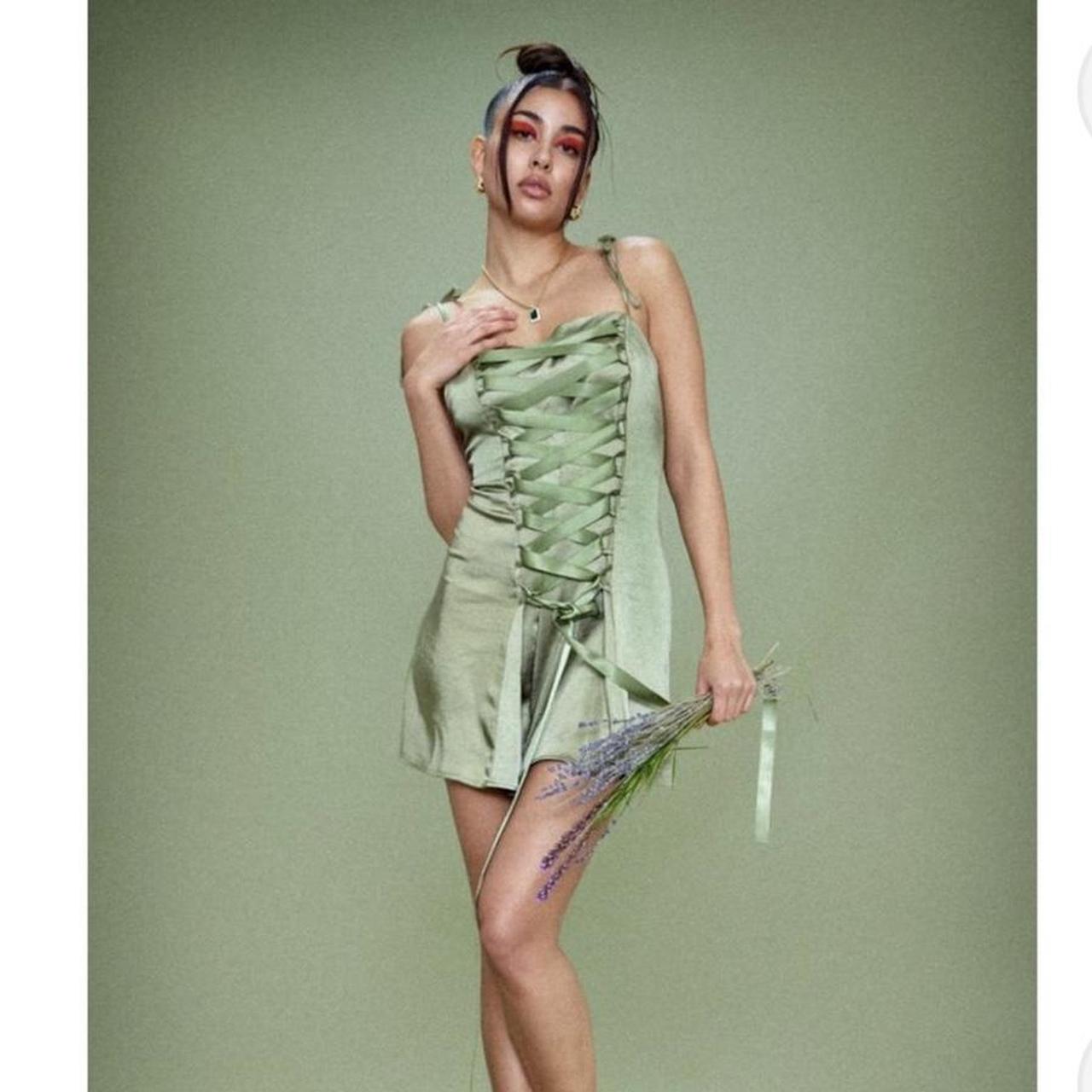 REPOP Moss Green Flippy Mini Dress with Lace Up... | Depop