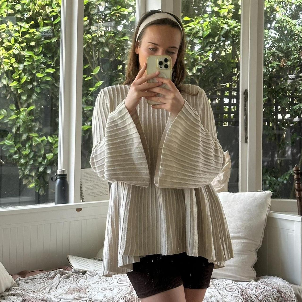 COS wool knit jumper with cream vertical stripes,... - Depop