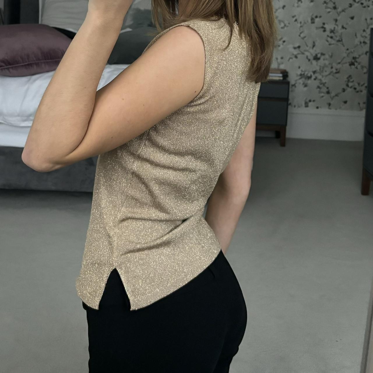 Vintage Next sparkly gold vest top with keyhole cut... - Depop