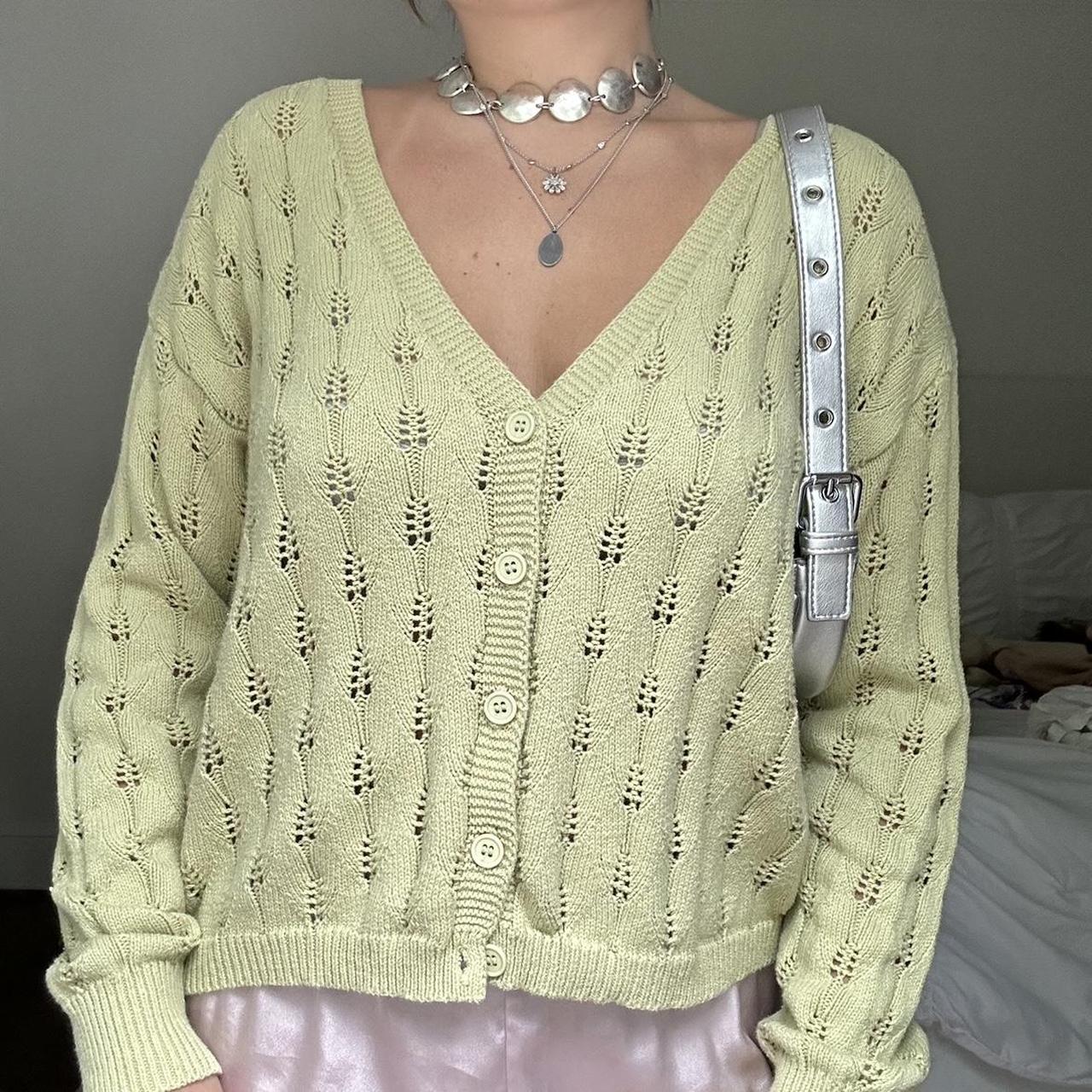 Light green knit cardigan #knit #knitcardigan... - Depop