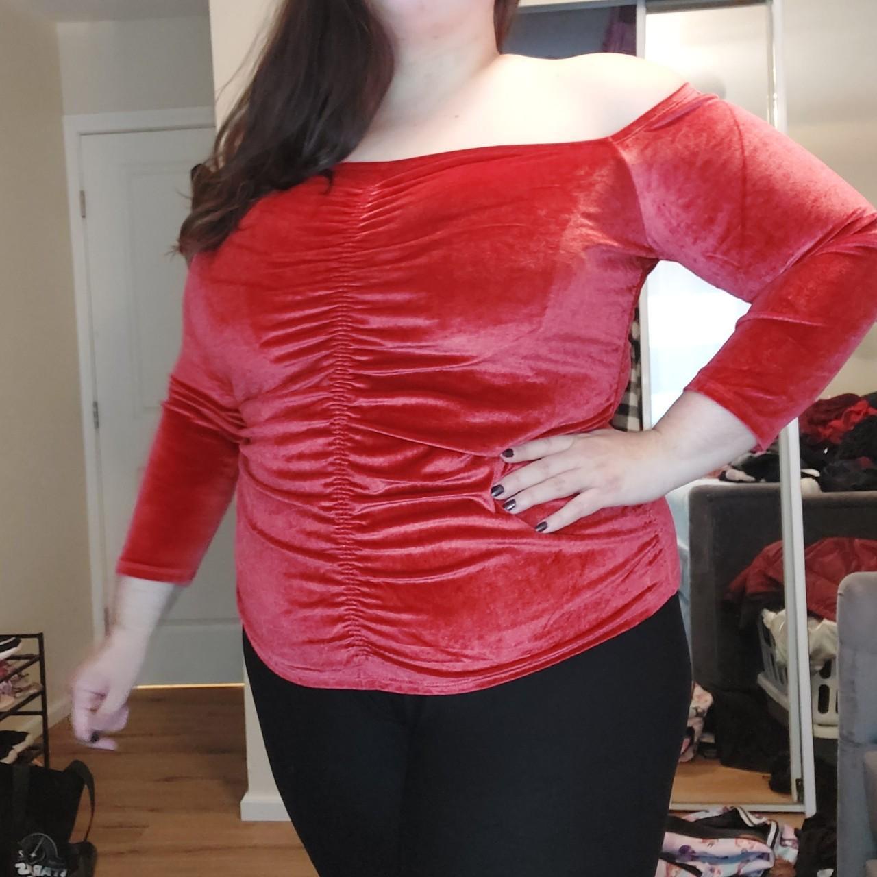 Torrid Red Velvet Ruched Cold Shoulder 3/4 Sleeve... - Depop