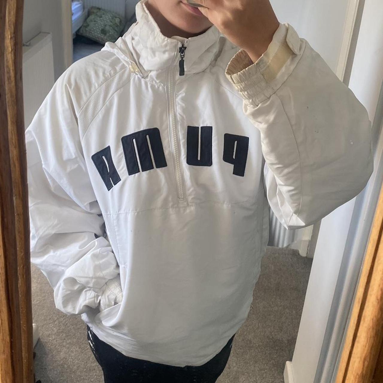 Puma white quarter zip jacket Fold away hood Great... - Depop