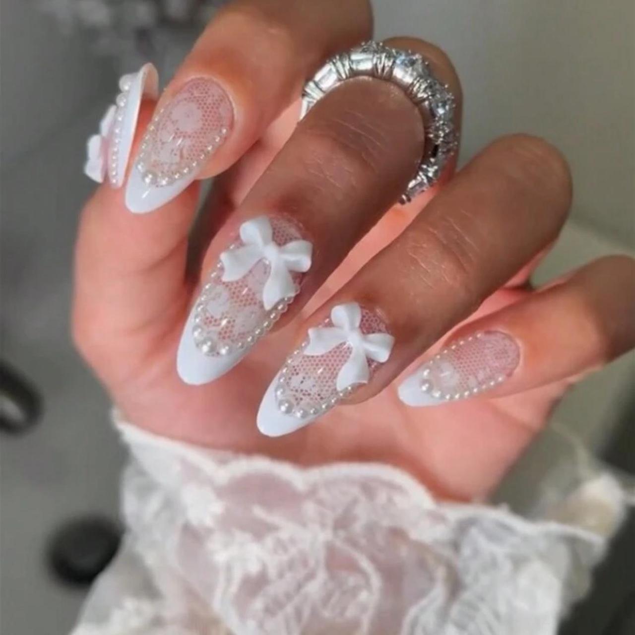Lace White with Bows Almond Press On Nails - bundle... - Depop