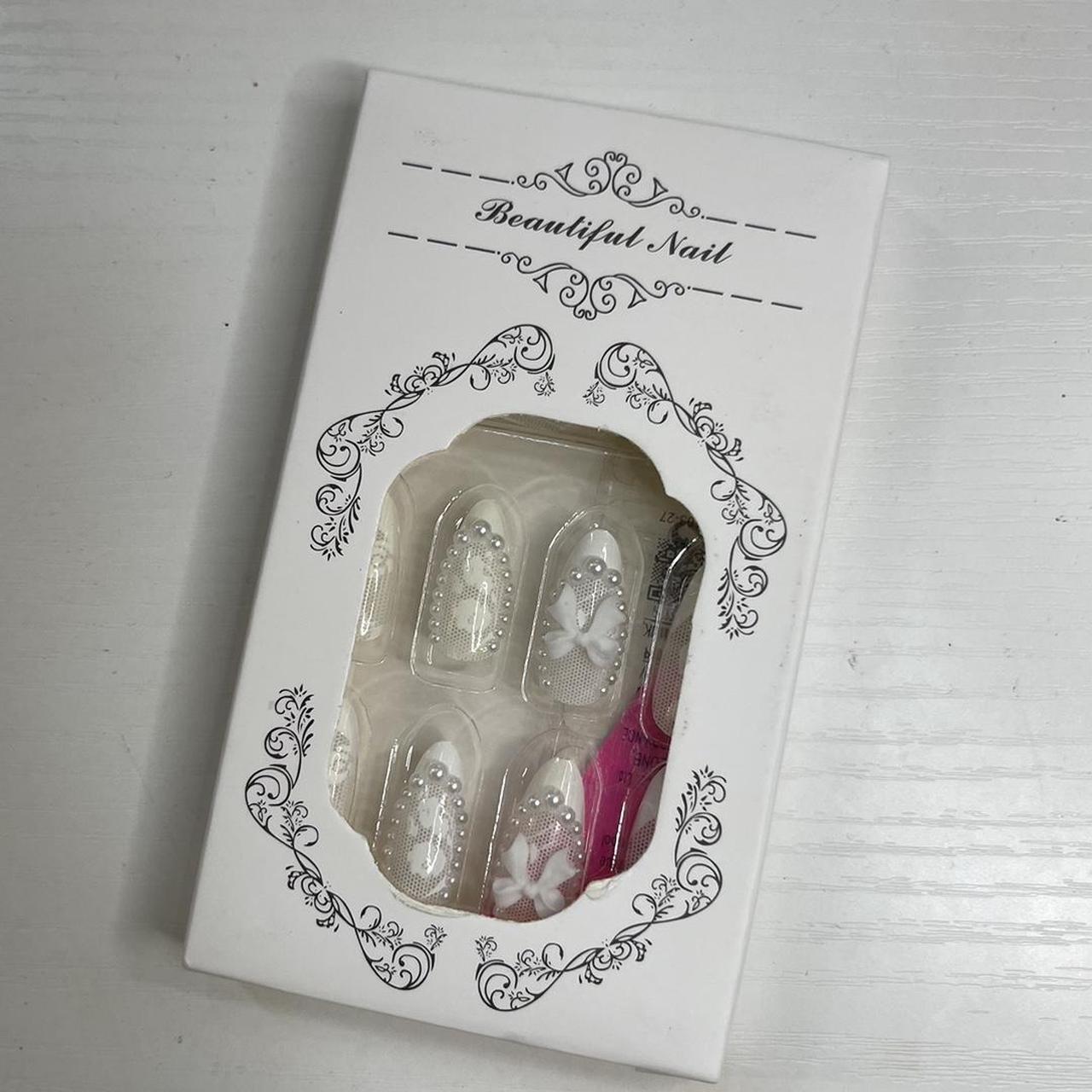 Lace White with Bows Almond Press On Nails - bundle... - Depop