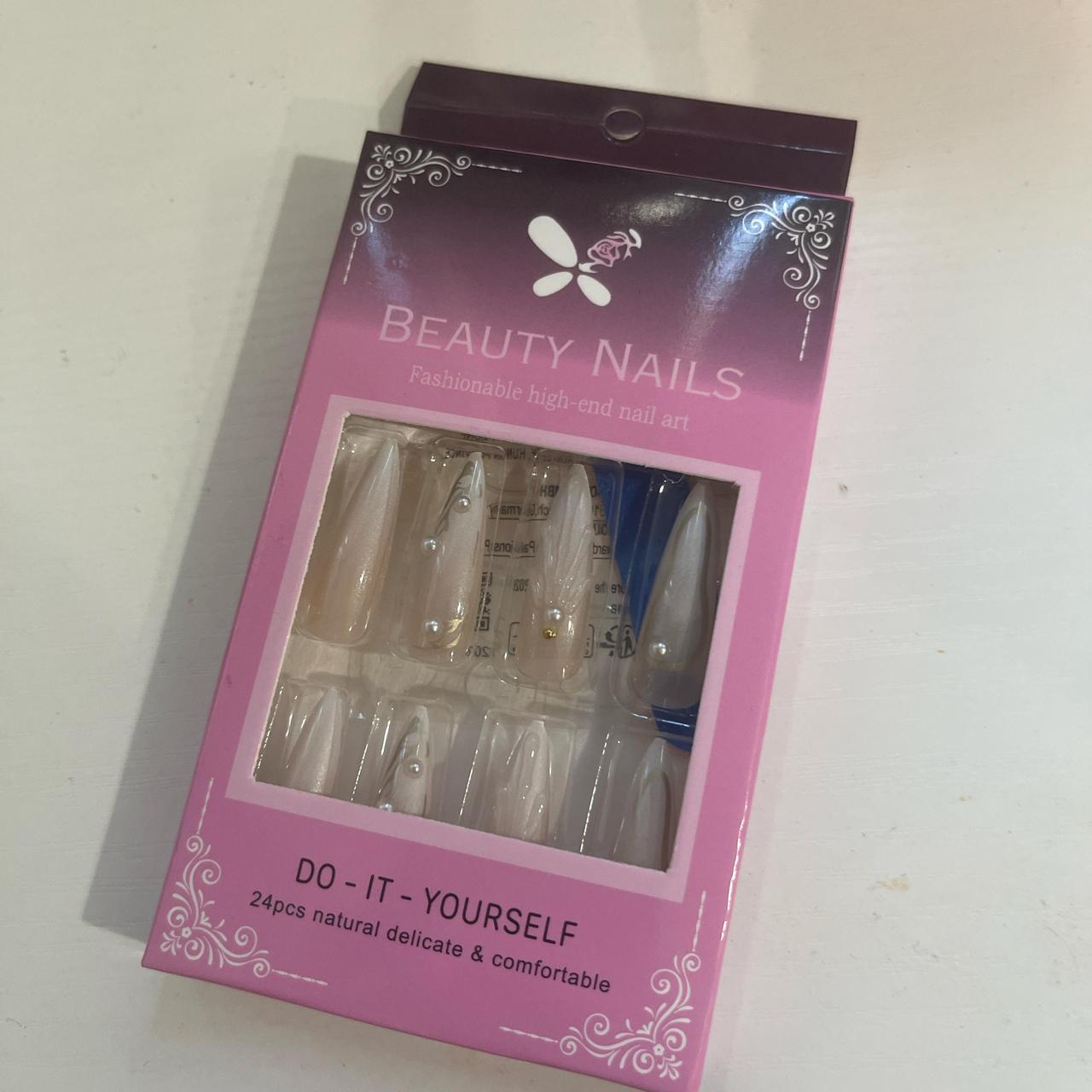 Cleo Shell White Long Almond Press On Nails -... - Depop