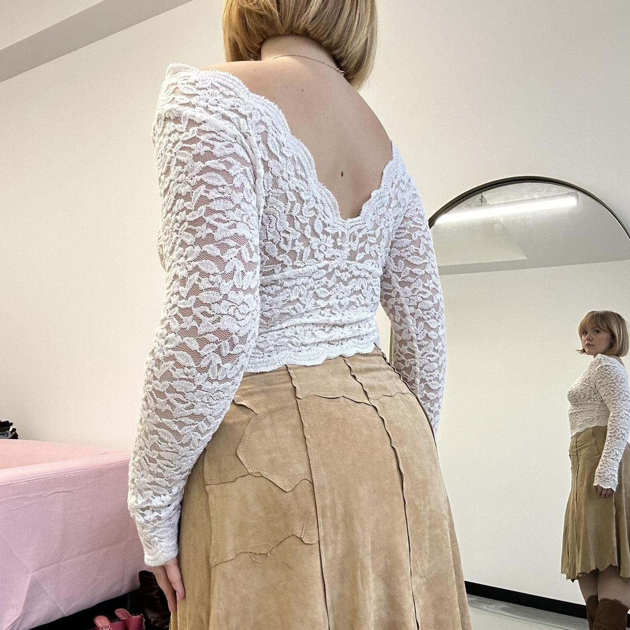 white lace fitted crop top, deep v neckline and back... - Depop